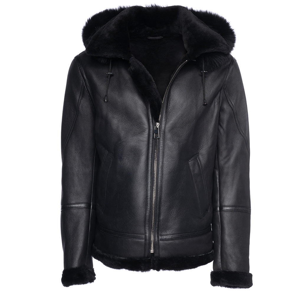 Felix black bomber shearling jacket with hoodie – Lusso Leather