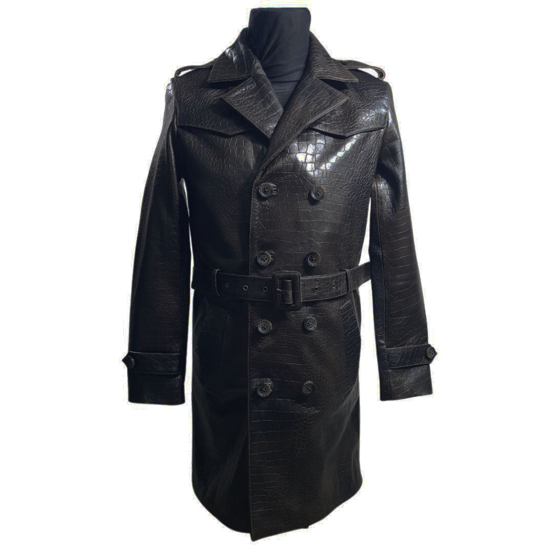 Jonathan's Elegant croc print overcoat with waist belt – Lusso Leather